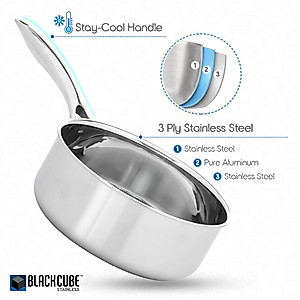 Black Cube Stainless Steel 2.5 QT Saucepan With Lid, 3 Ply Professional Grade Steel 8-Inch Pan, Sliver, Dishwasher Safe.