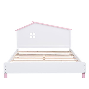 MERITLINE Full Bed Frame with House-Shaped Headboard, Wooden Full Size Platform Bed Frame with Shelf, Cute Full Bed for Kids Teens Girls Boys, No Box Spring Needed, White+Pink