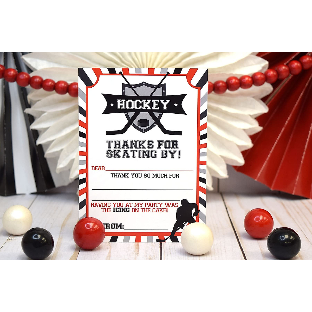 Kids Thank You Cards Black & Red Hockey Birthday Party Thank You Notes, Ten 4" x 5.5" Fill-In The Blank Cards with 10 White Envelopes by AmandaCreation