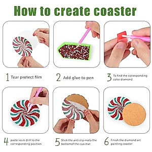DIYDEC 8pcs Christmas Diamond Candy Paintings Coasters Kits with Holder Diamond Art Coasters Acrylic Diamond Art Paintings Ornament for Adults Kids Xmas Decor DIY Crafts (Red Green White)