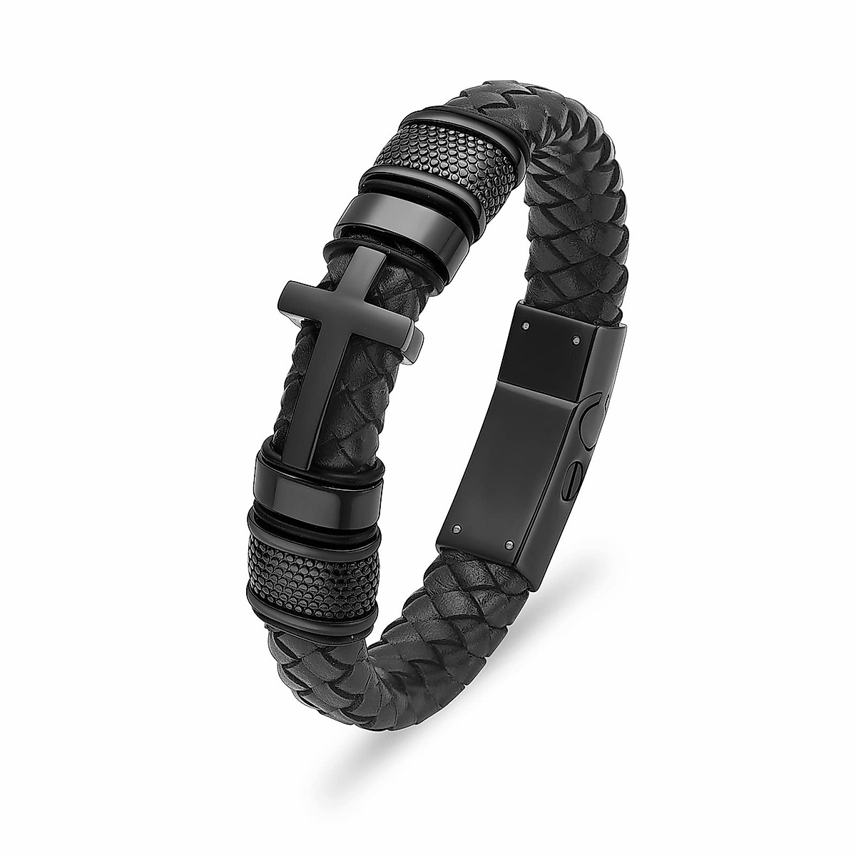 Minicremation Cross Cremation Jewelry Urn Bracelet for Ashes Genuine Leather for Women Men Keepsake Memorial Cuff Bangle Braided Wristband Bracelet for Men (Black-A, 20cm/7.87")