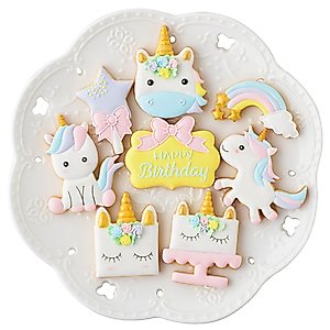 Mini Fantasy Horse Cookie Biscuit Fondant Cake Mold - Set of 16 - 8Pcs Cookie Cutter and 8Pcs Cookie Stencils, Include Horse Head, Horse, Plaque Frame, Magic Wand and Rainbow