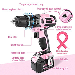 WORKPRO Pink Cordless 20V Lithium-ion Drill Driver Set & 8 Piece Magnetic Screwdrivers Set- Pink Ribbon