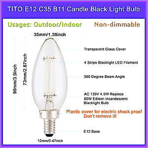 TITO 6 Pack E12 B11 Filament LED Candle Black Light Bulbs, UVA 395nm 4.5W Candelabra Black Light Bulb, 60W Blacklight Bulb Equivalent, Glow in Dark Halloween Christmas Party Fluorescent Posters Decor