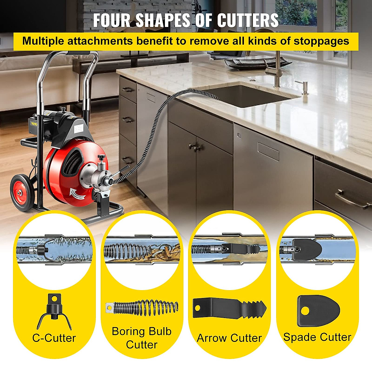 VEVOR Drain Cleaner Machine 100ftx1/2in Electric Drain Auger 550W Sewer Snake Drill Machine, fit 1 Inch (25mm) to 4 Inch(100mm) Pipes, w/Wheels, Cutters, Foot Switch