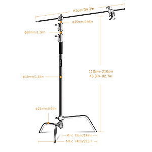 LOMTAP C Stand Light Stand Stainless Metal Photography Kit - Heavy Duty 6.8ft/210cm Vertical Pole, 2.8ft/87cm Boom Arm, Adjustable Base, Water Sandbag, 2 Grip Heads, 3 Clips for Softbox, Reflector