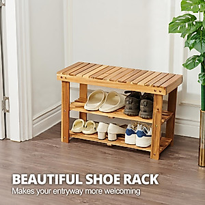 BEEFURNI Acacia Shoe Rack Bench, 3-Tier Sturdy Shoe Storage Bench, Wooden Shoe Organizer, 300 LBS Load Capacity, Perfect for Closet Entryway Bathroom, 1-Year Manufacturer Warranty, Natural Acacia