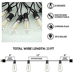 Afirst Outdoor LED String Lights 20FT - Patio Lights with 22 Shatterproof Bulbs(2 Spare) Waterproof Connectable Edison Bulb String Lights for Outside Backyard Porch Lighting