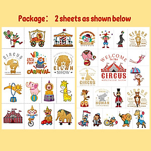 Partywind 32 Styles Circus Metallic Glitter Temporary Tattoos for Kids, Circus Theme Party Supplies Favors Decorations,Halloween Games Prize Goodie Bags (2 Sheets)