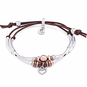 Lizzy James Colette Silver & Rose Gold Adjustable Bracelet with Silver Heart Charm in Natural Antique Brown Leather for Women