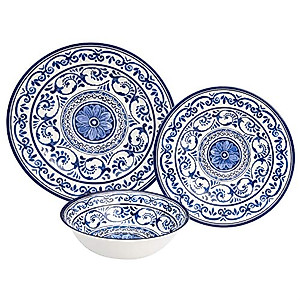Amazon Basics Melamine Dinnerware Set, Service for 4, Traditional Blue and White - Set of 12