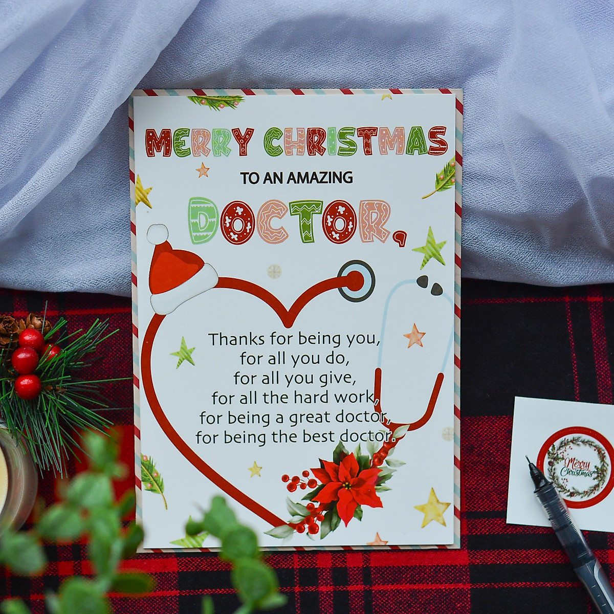 BlinkWishes Christmas Card for Doctor, Doctor Merry Christmas Greeting Card with Envelope and Seal, Thank You Christmas Gift for Doctor and Healthcare Worker, Xmas Gift Ideas