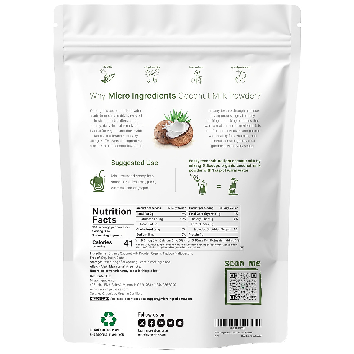 Micro Ingredients Organic Coconut Milk Powder, 2 Pound (32 Ounce), Plant-Based Creamer, Perfect for Coffee, Tea and Smoothie, Non-GMO and Keto Friendly