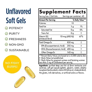 Nordic Naturals Pro Prenatal DHA, Unflavored - 830 mg Omega-3 + 400 IU Vitamin D3-90 Soft Gels - Supports Brain Development in Babies During Pregnancy & Lactation - Non-GMO - 45 Servings