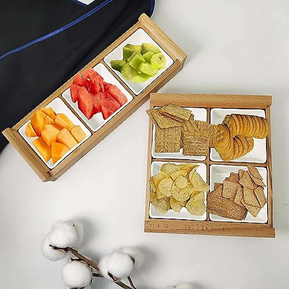 Jinsongdafa Wood Pallet Porcelain Divided Serving Dishes, Appetizer， Relish Tray, Serving Bowls for Parties - Perfect for Chips and Dip, Veggies, Candy and Snacks | Reusable (4 Cells Platters)