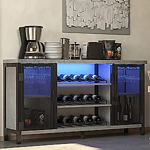 LED Wine Bar Cabinets for Home – Industrial Liquor Cabinet Bar with 2 Hinged Doors, Adjustable Wood and Steel Bar Table with Bottles Rack, Kitchen Farmhouse Coffee Bar, Living Room Furniture, Grey