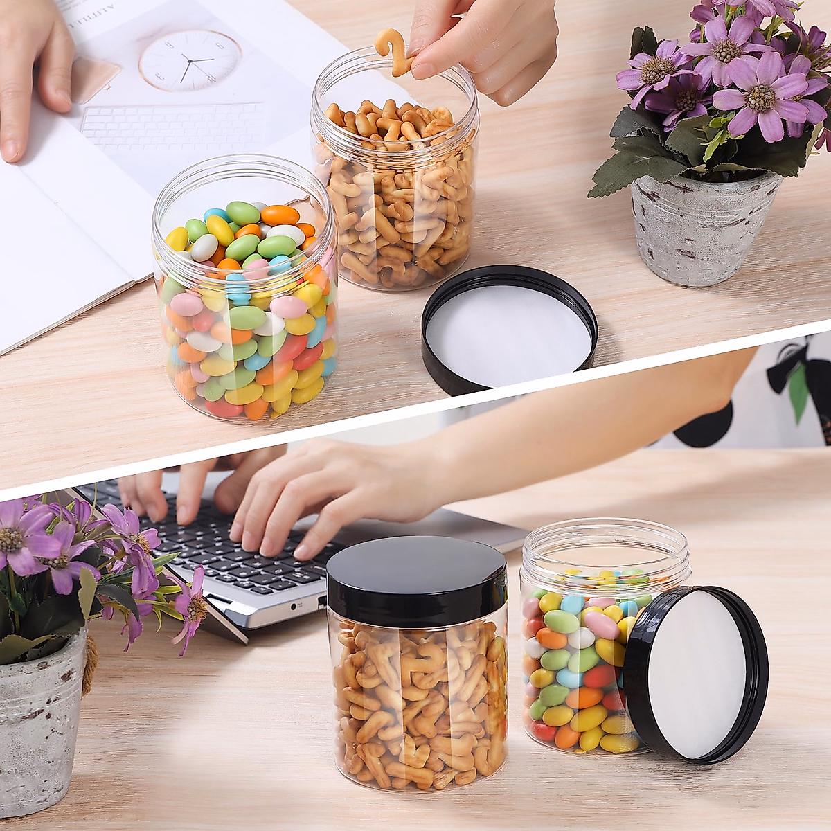 Plastic Jars with Lids, 16 oz Plastic Containers with Lids Clear Airtight Container Storage Jar Mason Jars for Dry Food Peanut Butter Honey Jam Cosmetics, Pack of 16 (16 PCS Black Lids)