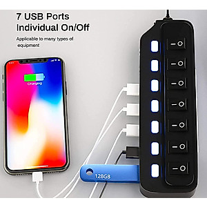HOMELINKX SQUARE - USB HUB 3.0 Powered Splitter - External 7 Port High Speed Hub Splitter with 5V/2A Power Adapter Powered USB hub and Individual On/Off Switch for PC Laptop Desktop
