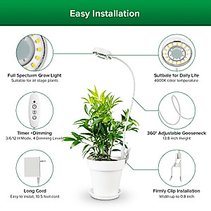 SANSI Grow Lights for Indoor Plants, Pot Clip LED Plant Light for Growing Full Spectrum, Plant Growing Lamp with 4-Level Dimmable, Auto On Off 3 6 12 Hrs Timer for Pot Plants, White 10W 1-Pack
