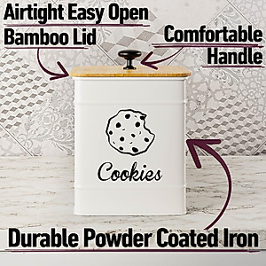 Cookie Jar with Airtight Lid - 1 Gallon - 6"D x 8"H White Iron Cookie Tin with Bamboo Lid - Large Cookie Jars with Lids Airtight - Farmhouse Cookie Jars for Kitchen Counter Decorative - Cookies Jar