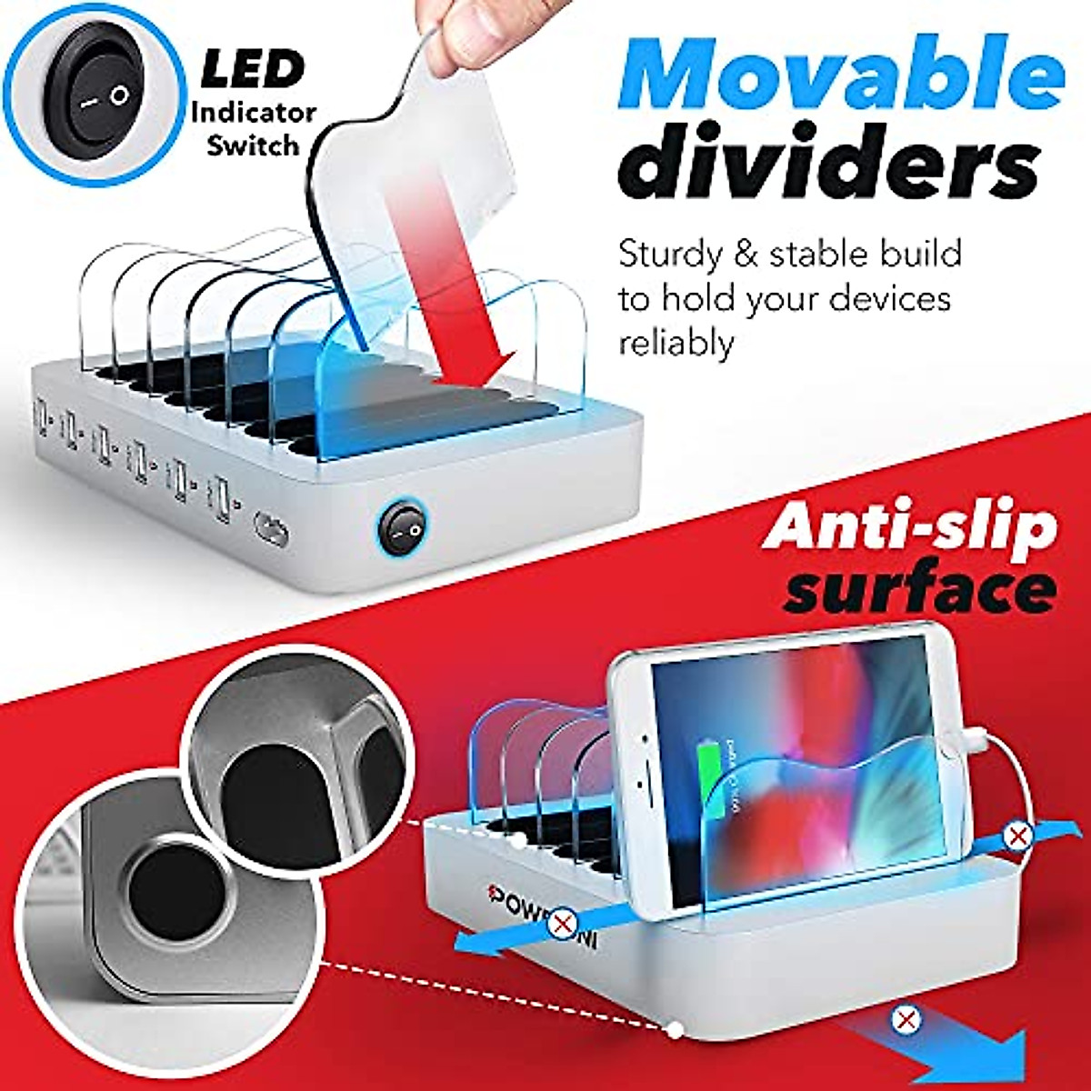 Poweroni USB Charging Dock - 6-Port - Fast Charging Station for Multiple Devices Apple - Multi Device Charger Station - Compatible with Apple iPad iPhone and Android Cell Phone and Tablet