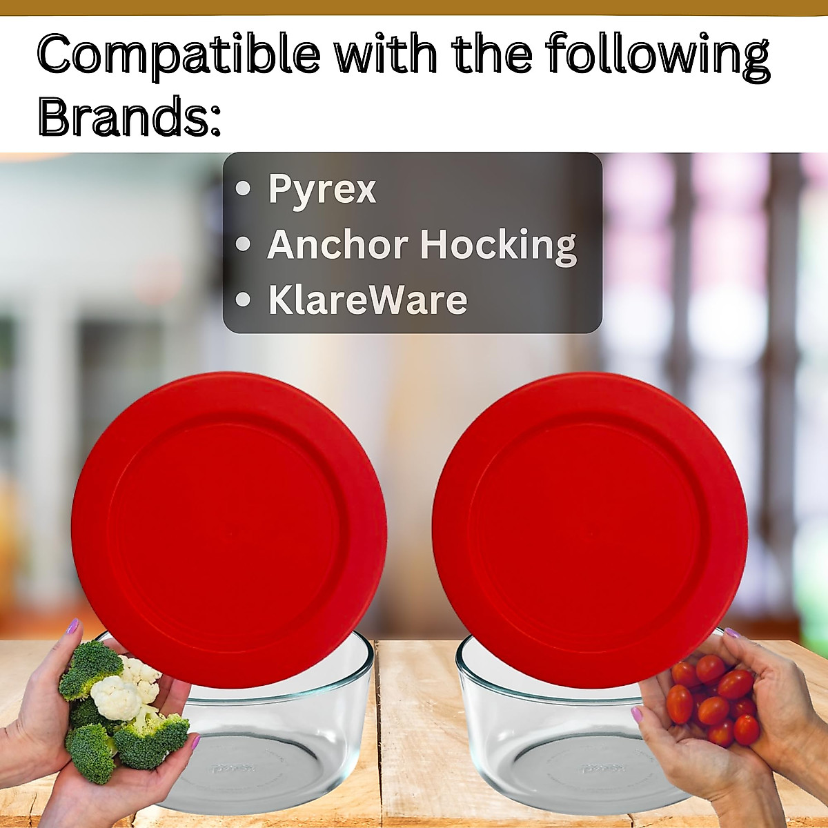 rivel Klareware 7 Cup Red Round Plastic Food Storage Replacement Lids Covers for Klareware Anchor Hocking and Pyrex Glass Bowls (Container not Included) (2 Pack)