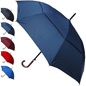 60MPH Windproof Large Strong Umbrella for Rain and Wind - Heavy Duty StormDefender City - Best for Vented Double Canopy - Auto - Solid Wood Hook Handle - Golf - Navy Blue