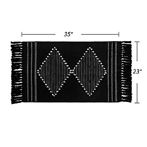 MitoVilla Black Boho Rug 2'x3', Black White Small Boho Bathroom Rug with Tassel, Farmhouse Geometric Bath Mat, Bohemian Runner Rug for Bedroom, Washable Cotton Woven Living Room Throw Rug