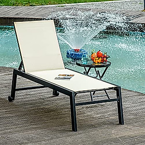 Outsunny Outdoor Chaise Lounge with Wheels, Five Position Recliner for Suntanning, Sunbathing, Steel Frame, Breathable Fabric for Beach Yard, Patio, Cream White