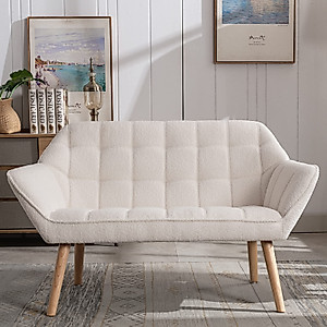 ZH4YOU 48" Small Loveseat for Small Spaces, Upholstered Fluffy White Loveseat Sofa, Mid Century Modern 2-Seater Couch with Armrest and Wood Legs for Bedroom, Living Room, Apartment, White