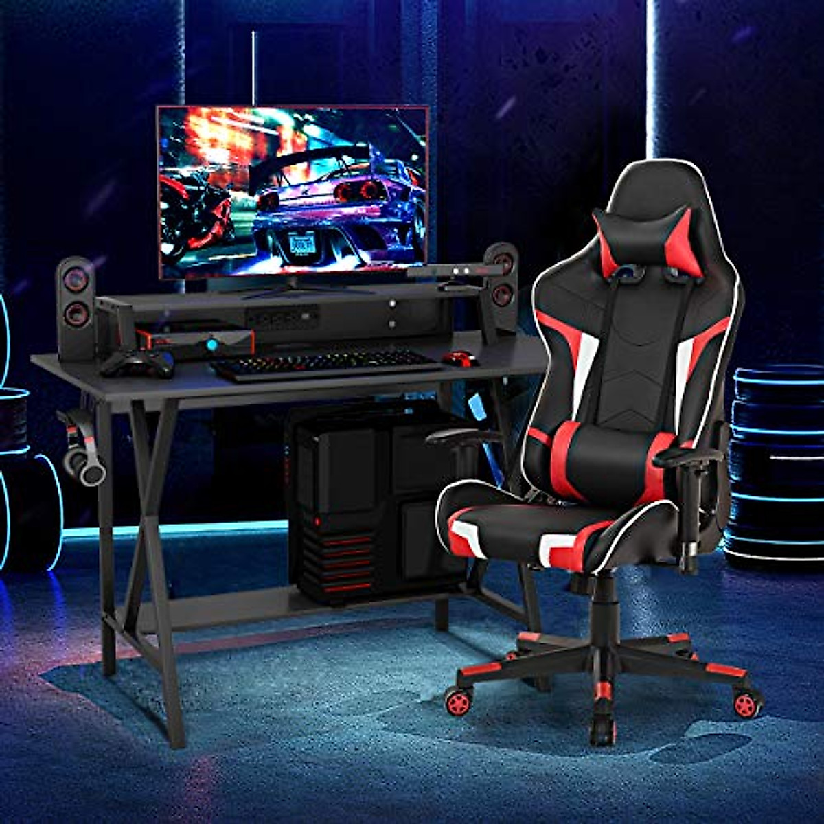 Tangkula Gaming Desk and Chair Set, Ergonomic E-Sport Gamer Desk & Racing Chair Set w/Cup Holder, Monitor Stand, Earphone Hook, Massage & Headrest, Home Office Computer Desk Chair Set (Red)
