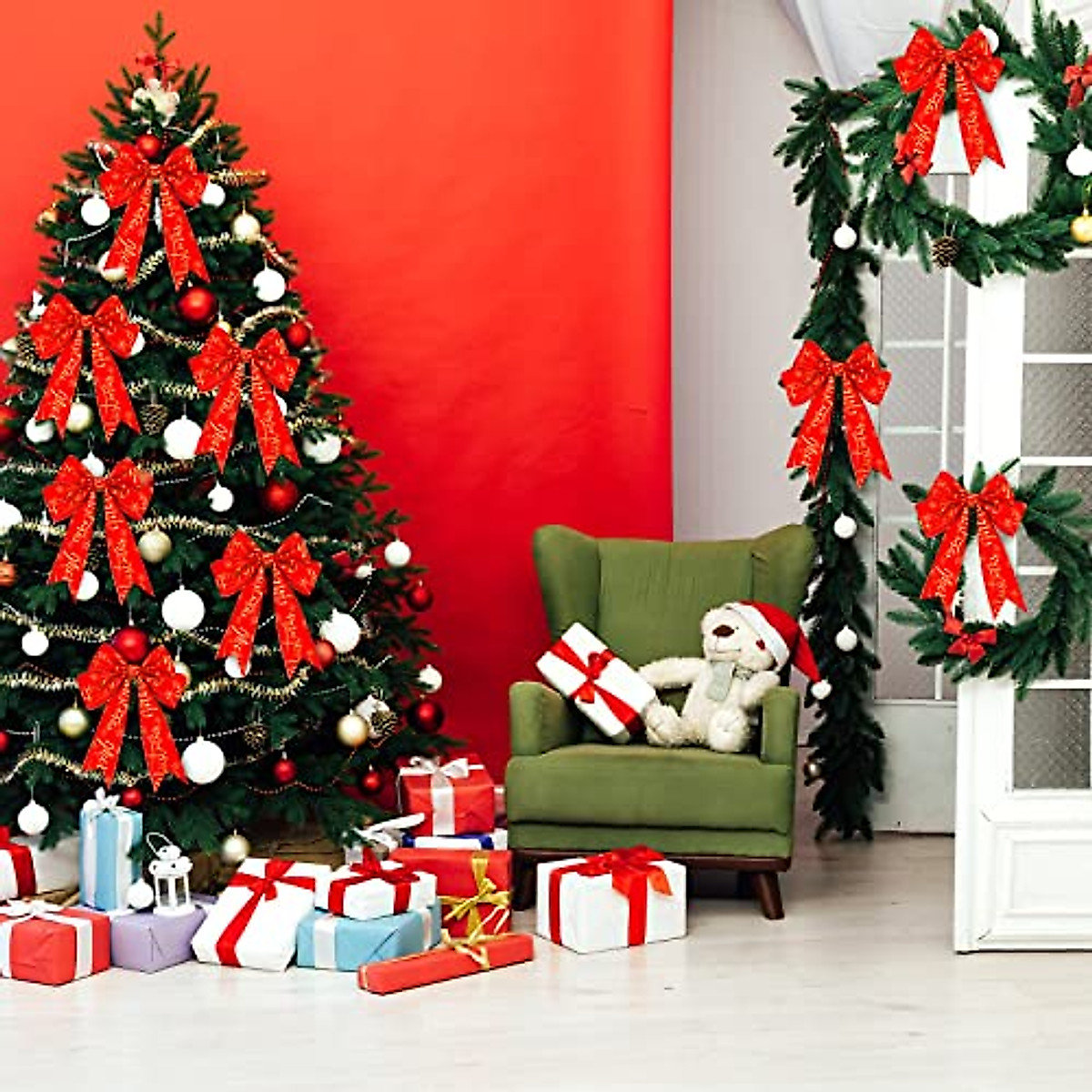 50 Yards Merry Christmas Wired Ribbon 2.5 Inch Wide, Christmas Velvet Candy Wrapping Ribbon, Gold Trim Wrapping Ribbon Roll for Christmas Party Gift Decoration Craft Wreath Bow Making (Red)