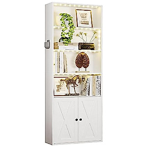 IRONCK Tall Bookcase with LED Lights, 70 in Industrial Bookshelf Display Shelf Floor Standing for Home Office, Living Room, Bed Room