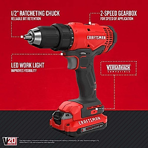 CRAFTSMAN V20 Cordless Drill/Driver Kit, 1/2 inch, Battery and Charger Included (CMCD701C2)