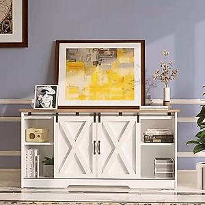 4ever2buy Farmhouse Coffee Bar Cabinet with Storage, 59’’ Kitchen Buffet Storage Cabinet with Sliding Barn Door, White Buffet Table with Adjustable Shelf, Coffee Bar Table for Living Dining Room