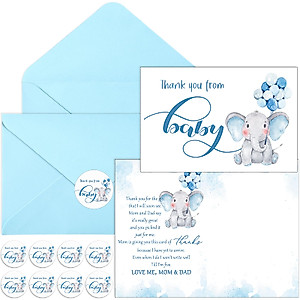 Zhanmai 50 Sets Baby Shower Thank You Cards Elephant Themed 50 Baby Shower Thank You Notes with 50 Envelopes and Stickers Baby Shower Card Baby Gift Boy Card for Baby Shower Gender Reveal Party (Blue)