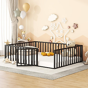 Harper & Bright Designs Queen Metal Floor Bed Frame with Rails, Queen Montessori Floor Bed with Fence and Door, for Kids Girls Boys (Queen Size, Black)