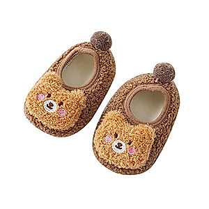 Lykmera Children Toddler Fall Spring Shoes Boys Girls Floor Shoes Flat Bottom Non Slip Plush Warm Cartoon Bear Slippers (Brown, 0-6 Months)