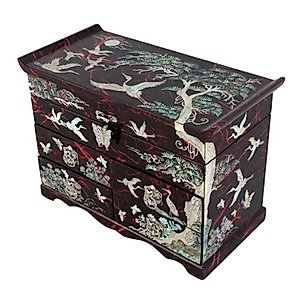 Mother of Pearl Crane and Pine Tree in Red Mulberry Paper Design Wooden Jewelry Mirror Trinket Keepsake Treasure Drawer Lacquer Box Case Chest Organizer