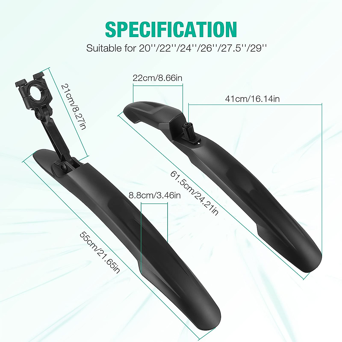 Rimore Bicycle Bike Fender Mudguard, Adjustable Mountainbike Bicycle Fenders for 26, 27.5, 29In Splash Guard Front Rear MTB Mud Guard Bicycle fender