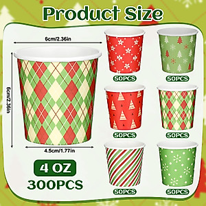 Maxcheck 300 Pcs Christmas Paper Cups 4 oz Disposable Holiday Supplies 6 Styles Paper Coffee Espresso Cups Xmas Green Red Drink Drinkware for Chocolate Tea Cocoa Beverage Party Office