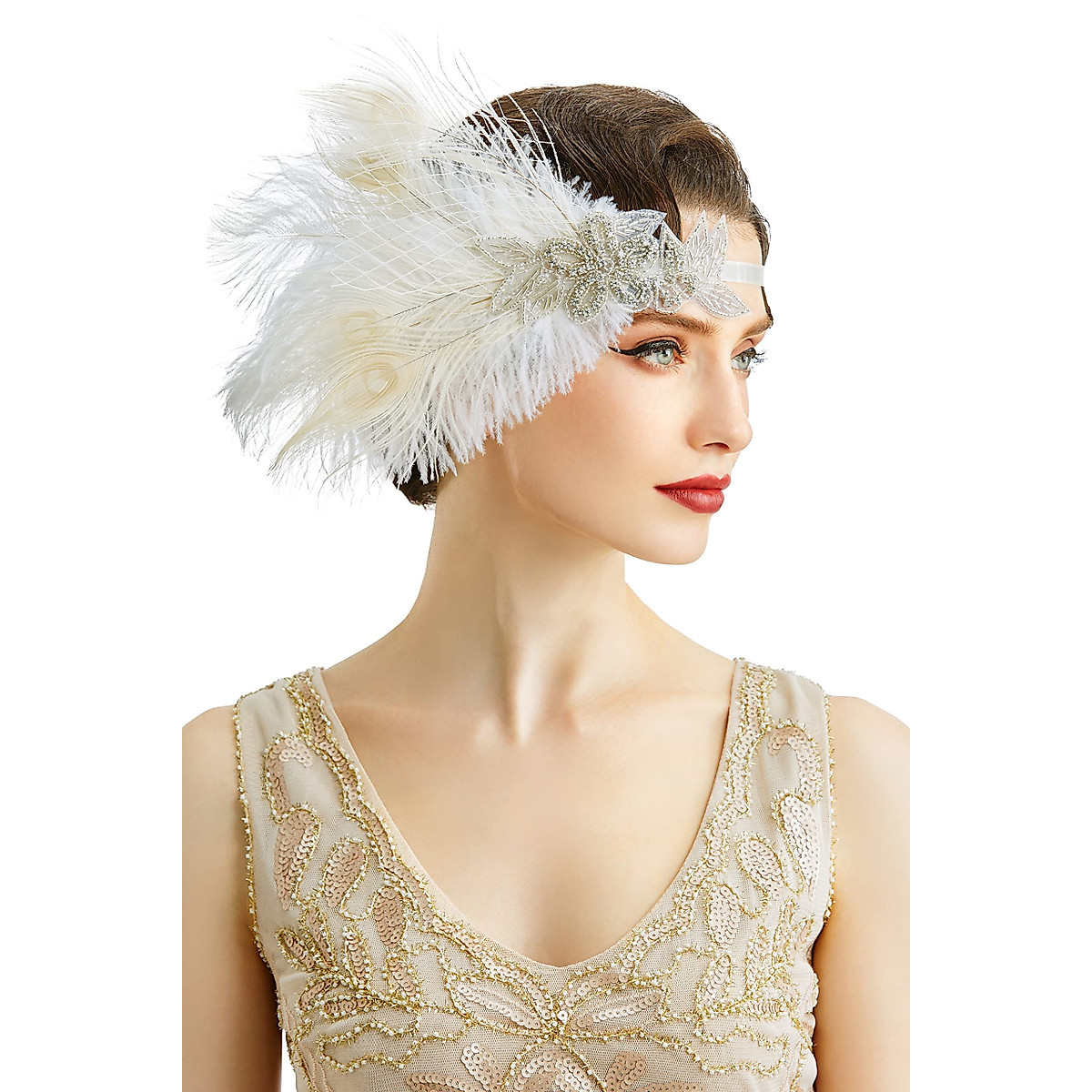 BABEYOND Women's Peacock Gatsby Party Wedding Headband with Ribbon Flapper Costumes Accessories Peacock Headband with Feather Apricot