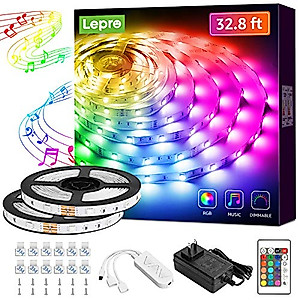 Lepro Music LED Strip Lights, 32.8ft RGB LED Strips with Remote Sync to Music, 5050 SMD LED Color Changing Strip Light for Bedroom, Home, TV, Parties and Festivals