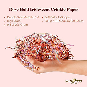 UNIQOOO 1/2 LB Metallic Iridescent Rose Gold Crinkle Cut Paper Shredded Filler, Rosy Pink Gold Grass Raffia Tissue, Strands Shred Craft Bedding Cushion Paper, For Christmas Gifts Wedding Birthday Bridesmaid Engagement Gift Boxes Bags Retail Decoration