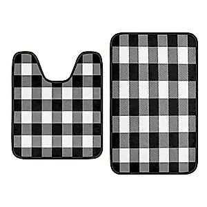 Black and White Plaid Bathroom Rugs Mats Set of 2, Buffalo Check 2 Piece Bath Mats for Bathroom, Absorbent Non Slip Soft Bath Toilet Contour Mat Shower Rugs Decorations for Kitchen Bedroom Indoor
