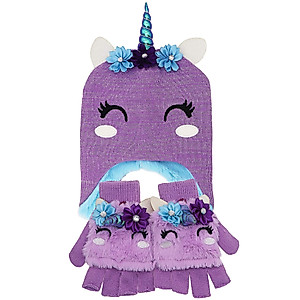 Little Girls Winter Unicorn Beanie Hat and Gloves Set Kids Knitted Earflap Cap Flip Top Mitten Set