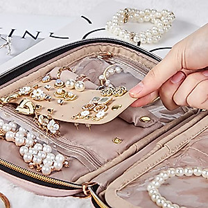 NISHEL Travel Jewelry Organizer Folio, Jewelry Rolls for Necklaces, Earrings, Rings, Bracelets, Watch, Pink