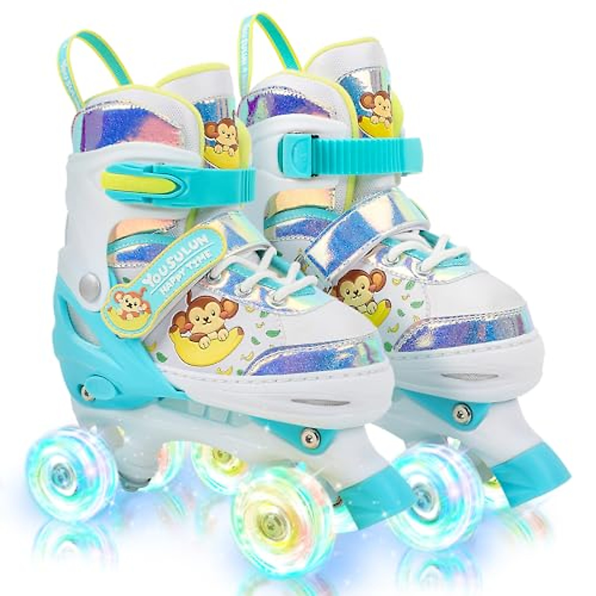 Kids Roller Skates with Light up Wheels 4 Sizes Adjustable Fun Illuminating Roller Skates for Toddler Kids Beginners Outdoor Skating with Hard-Shell Ankle Support (Blue, Large-(4Y-7Y))