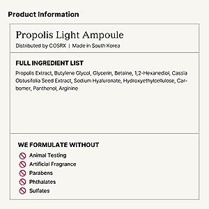 COSRX Propolis Ampoule, Glow Boosting Serum for Face with 73.5% Propolis Extract, 1.01 fl.oz / 30ml, Hydrating Essence for Sentsitive Skin, Fine Lines, Uneven Skintone, Not Tested on Animals, No Parabens, No Sulfates, No Phthalates, Korean Skincare