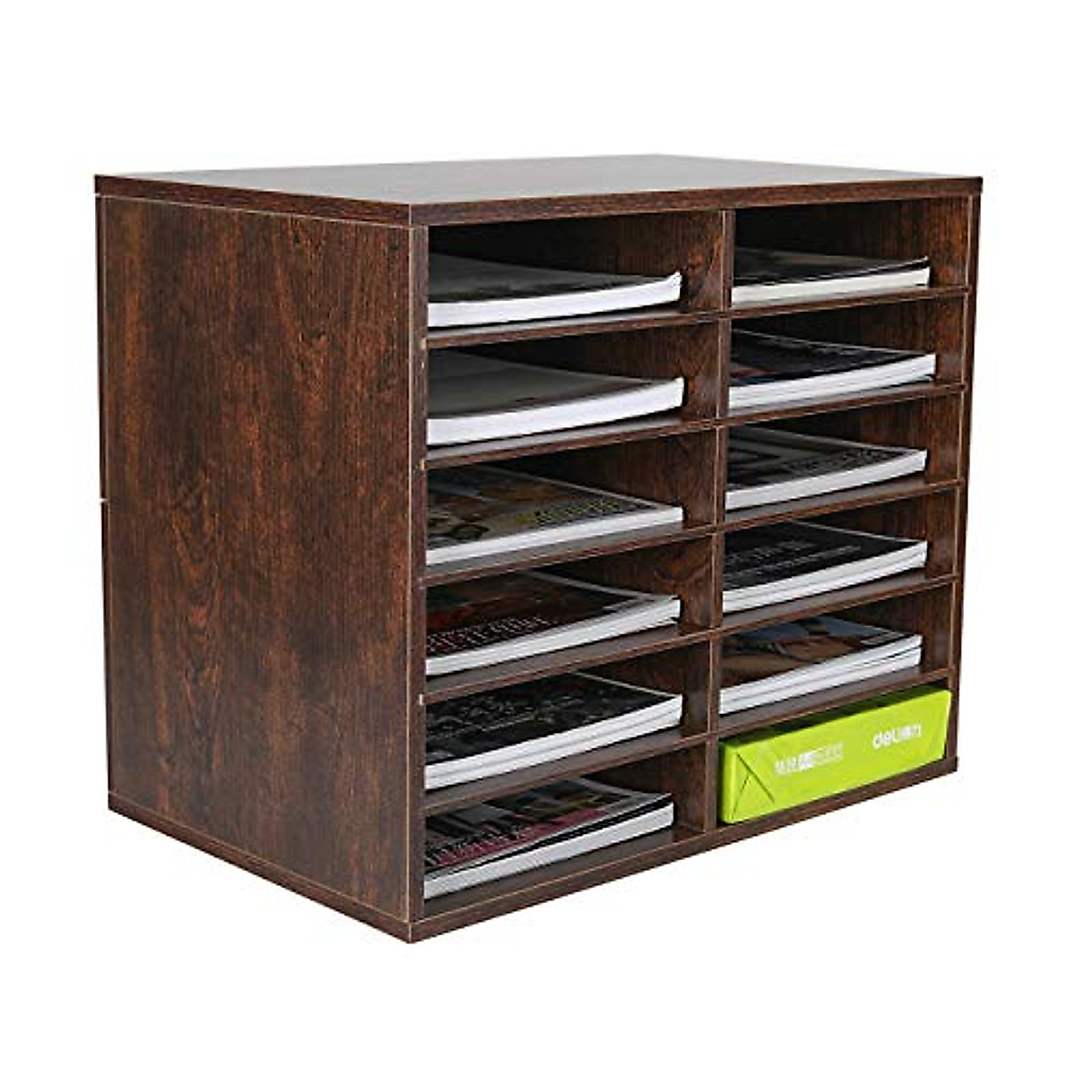 PAG Wood Desktop Literature Organizer Adjustable File Sorter Mail Center Magazine Holder Paper Storage Cabinet Classroom Keepers Mailbox for Office Home School, 12 Compartments, Brown